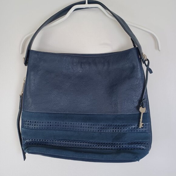 Fossil | Bags | Fossil Bag Navy Blue Leather And Suede Zip Top Hobo ...
